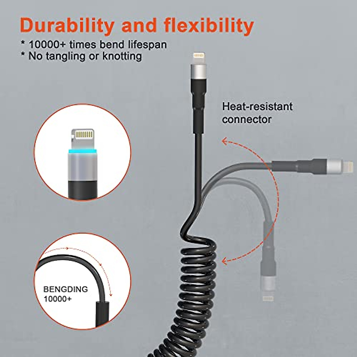 Coiled Lightning Cable Apple Carplay Compatible [Apple MFi Certified] Short USB to Lightning Apple Carplay Cable with Data Sync and LED, Retractable iPhone Charger Cord for iPhone/Pad/Pod