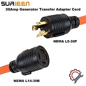 SURIEEN NEMA L5-30P to L14-30R Generator Transfer Switch Adapter Cord, 30 Amp 3 Prong to 4 Prong Generator Plug Adapter Twist Lock to House Inlet Box with Power Indicator, STW 10 Gauge 1.5FT