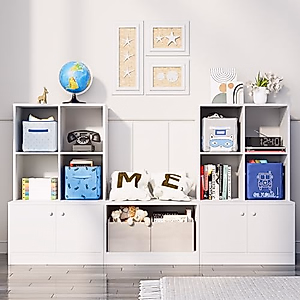 Cozy Castle Combination Book Shelf, 3-Piece Bookcase Set with 8 Cubes and 4 Doors, Large Cube Storage Bookshelf for Living Room, Playroom and Classroom, White