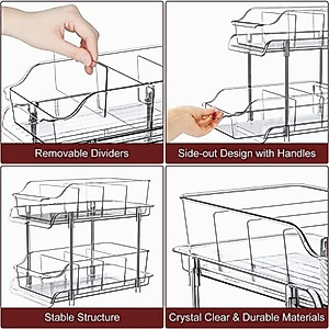 DYFAIS 2 Tier Clear Organizer with Dividers, Multi-Purpose Slide-Out Storage Container, Kitchen Pantry Medicine Cabniet Bins, Bathroom Vanity Counter Organizing Tray, Under Sink Closet Organization