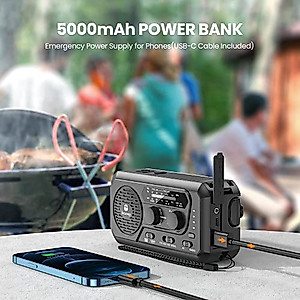 Emergency Radio, TENROOP Upgraded 5000mAh Solar Hand Crank Weather Radio for Hurricane, 4-Way Powered AM/FM/NOAA Weather Alert Portable Radio with Flashlight, Reading Lamp, Power Bank, SOS Alarm-Black