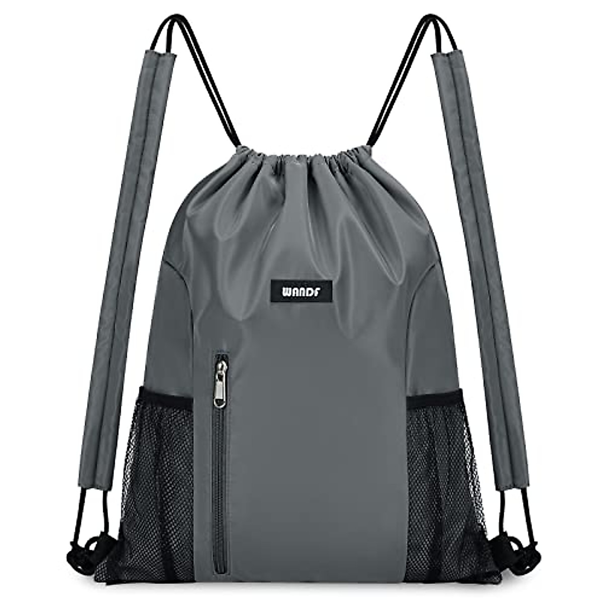 WANDF Drawstring Backpack with Shoulder Pad Sports Gym Backpack with Mesh Pocket String Bag for Women Men(Grey)