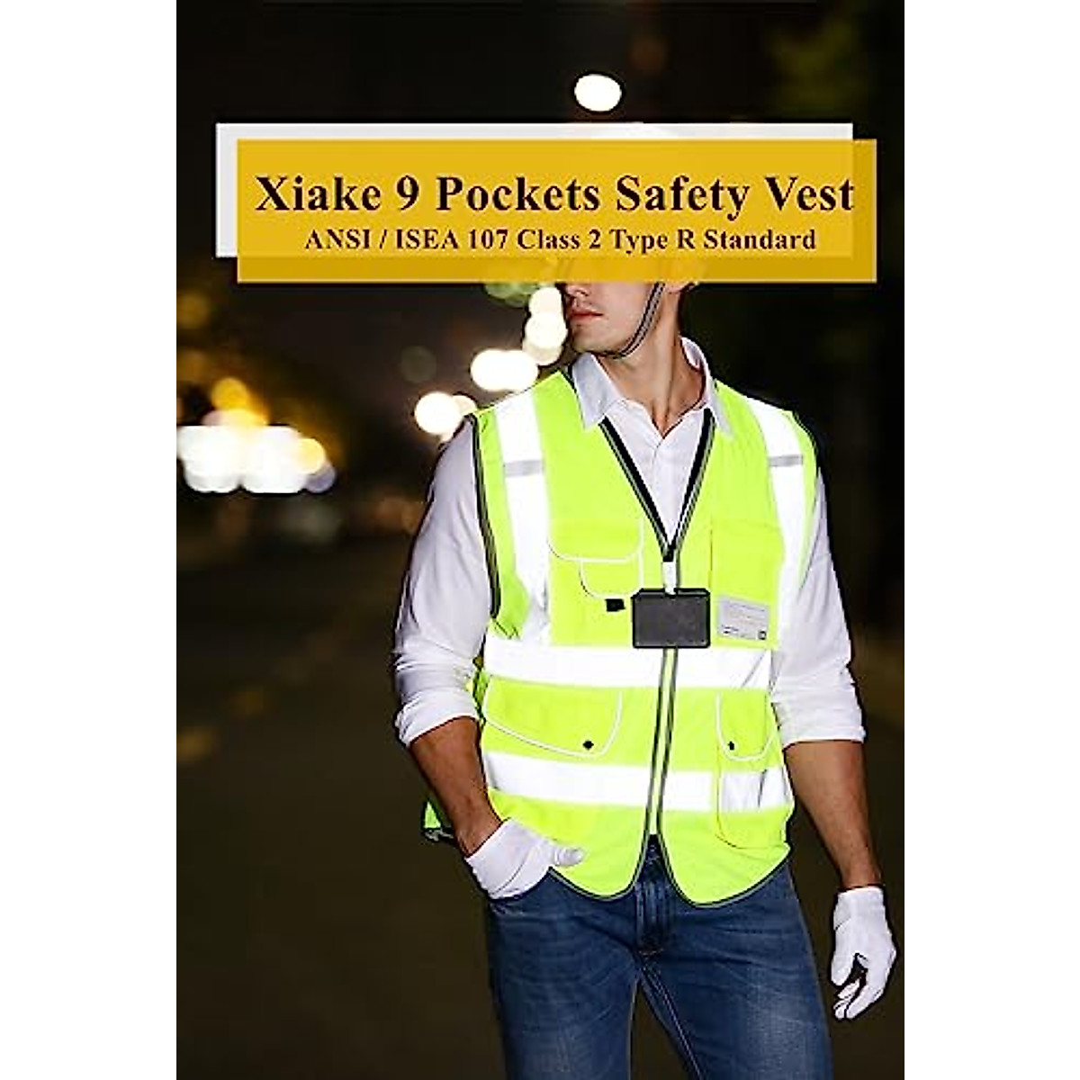 XIAKE 9 Pockets Class 2 High Visibility Reflective Safety Vest Men Women Work Construction Vest Zipper Front Meets ANSI Standards(Yellow,Large)