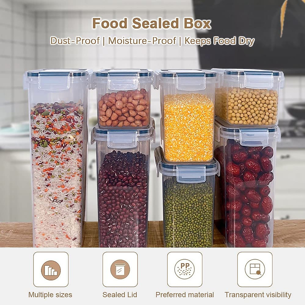 Irfora 7PCS Food Storage Containers kitchen Storage Container BPA Free PP Pantry Organization with Lid Stackable Design for Cereal Snack Noodle Nut Pasta Flour Rice