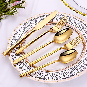Aimilan 20 Piece Gold Flatware Set Service for 4, 18/10 Stainless Steel Hexagonal diamond Handle Silverware Set, Thickened tableware Cutlery Set, Mirror Polished, Dishwasher Safe