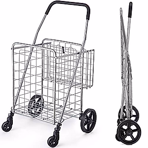 Wellmax Shopping Cart with Wheels, Metal Grocery Cart with Wheels, Shopping Carts for Groceries, Folding Cart for Convenient Storage and Holds Up to 66lbs, Dual Swivel Wheels and Extra Basket, Silver