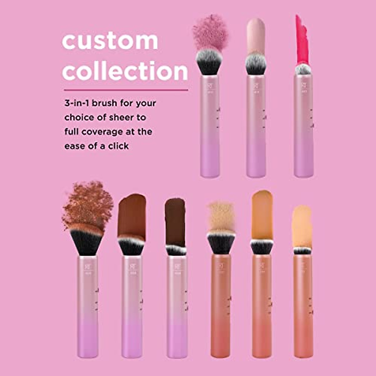Real Techniques Custom Contour 3-in-1 Brush, Custom Slide For Bronzer & Contour Makeup, 3 Settings For Sheer, Medium, or Focused Application, Travel-Sized Kabuki, Cruelty-Free, 1 Count