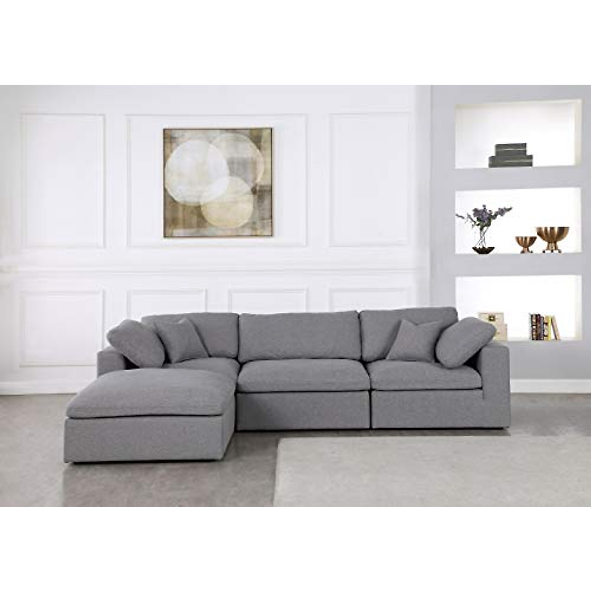Meridian Furniture Serene Collection Modern | Contemporary Deluxe Comfort Modular Sectional, Soft Linen Textured Fabric, Down Cushions, 2 Corner + 1 Armless + 1 Ottoman, Grey