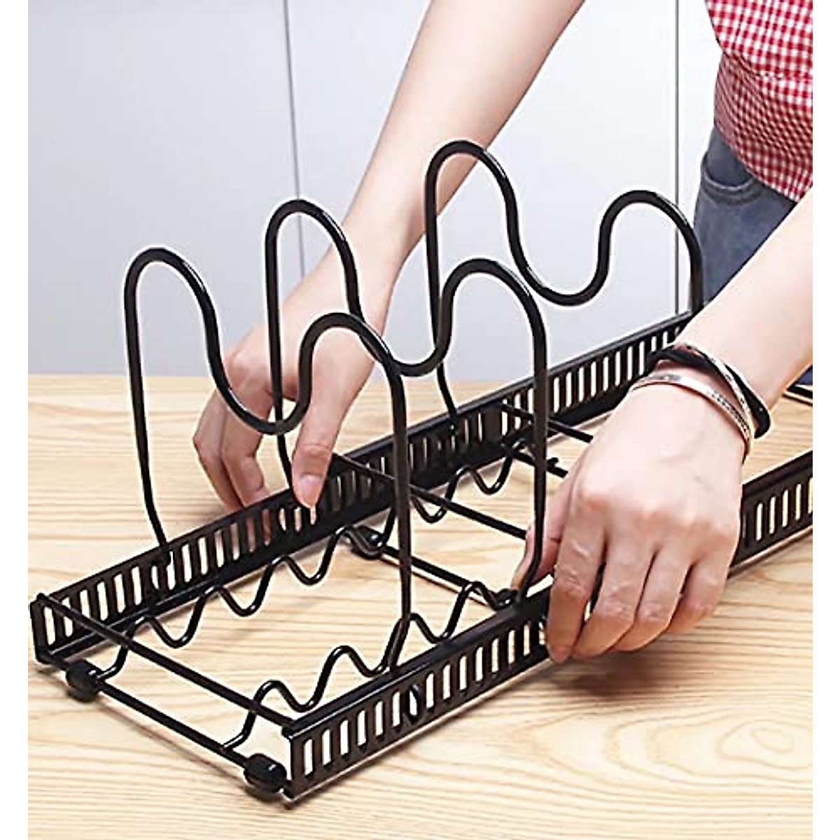 YUOP Expandable Pots and Pans Organizer,Pot Lid Organizer Rack for Cabinet with 10 Dividers Pot Holder Rack for Kitchen Bakeware Cookware