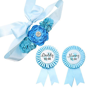 Maternity Sash and Mommy Dad to Be Pins Set, Baby Shower Decorations Gender Reveal Party Decorations for Boys and Girls Pregnancy Props Keepsake Gifts (Blue)