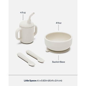 Lalo First Bites Silicone Baby Feeding Set - Baby Led Weaning Supplies - Non-Toxic Silicone - Includes 2 Spoons, Training Cup, & Suction Bowl - 4 Pieces - Oatmeal
