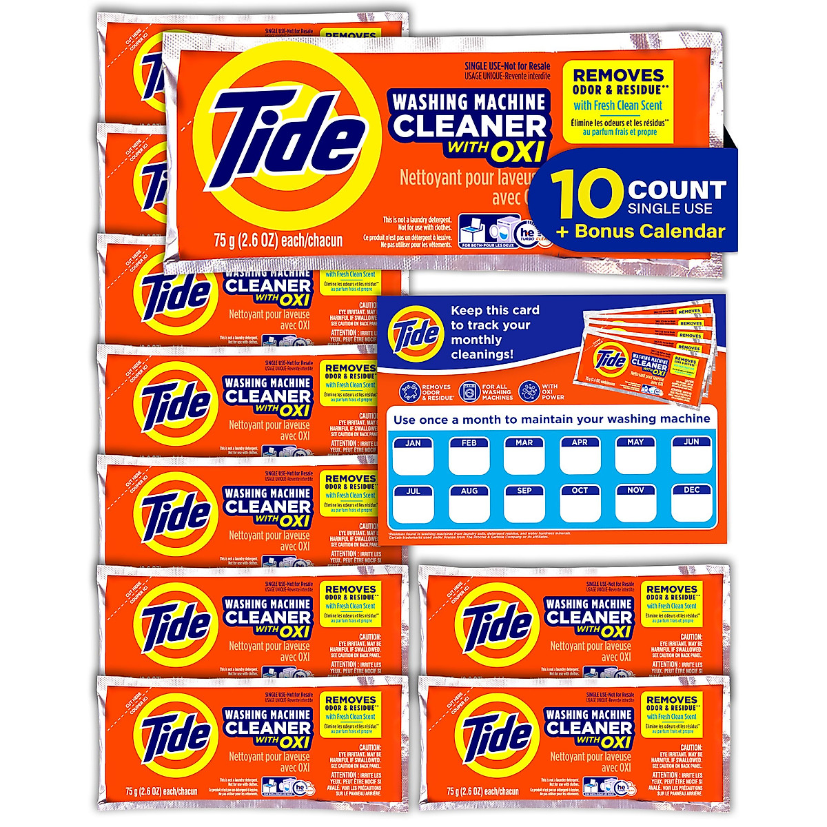 Tide Washing Machine Cleaner, Washer Machine Cleaner with Oxi for Front and Top Loader Washer Machines, Deep Cleaning Residue & Odor Eliminator, 10 Month Supply + Calendar