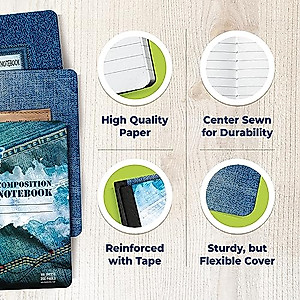 E-CLIPS USA Composition Notebook Wide Ruled, Aesthetic Composition Notebook, Hard Cover, Jean Print Preppy Composition Notebook, 100 sheets 200 Pages (3 Pack)
