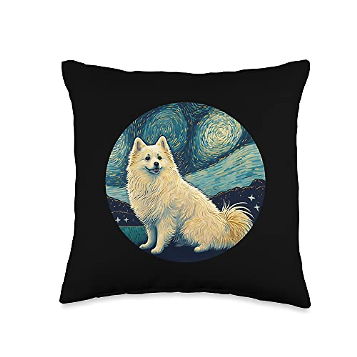 American Eskimo Love Fun Fi American Eskimo Starry Night Painting Dog Mom Dad Throw Pillow, 16x16, Multicolor