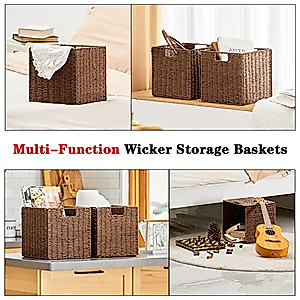 Vagusicc Wicker Baskets, Set of 2 Hand-Woven Paper Rope Foldable Cubby Storage Bins, Large Wicker Storage Basket for Shelves Pantry Organizing & Decor, Brown (11″×11″×11″)