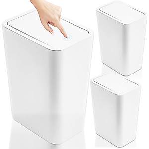 Cheardia 3 Pack Bathroom Trash Can, 12L /3 Gallon and 9L /2.3 Gallon Plastic Slim Garbage Bin Wastebasket with Pop-Up Lid for Kitchen, Bedroom, Office, Dorm, Fits Under Desk, Cabinet, Sink, Cream