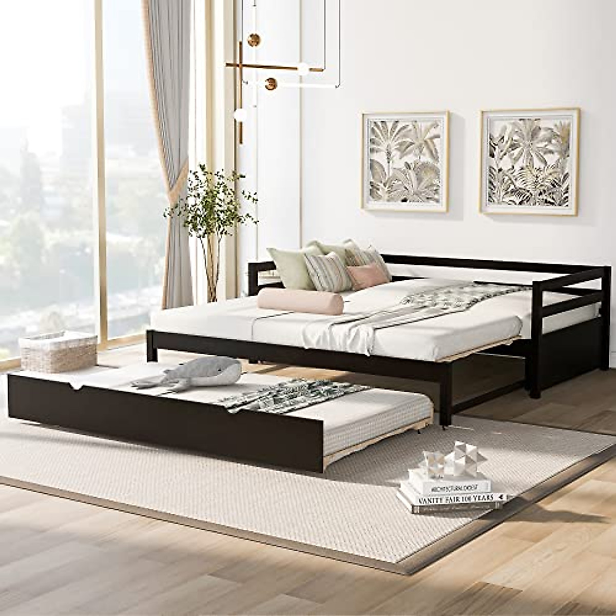 Merax Wood Daybed with Pop Up Trundle Twin to King Triple Sofa Bed for Kids Teens Adults/No Box Spring Needed Espresso