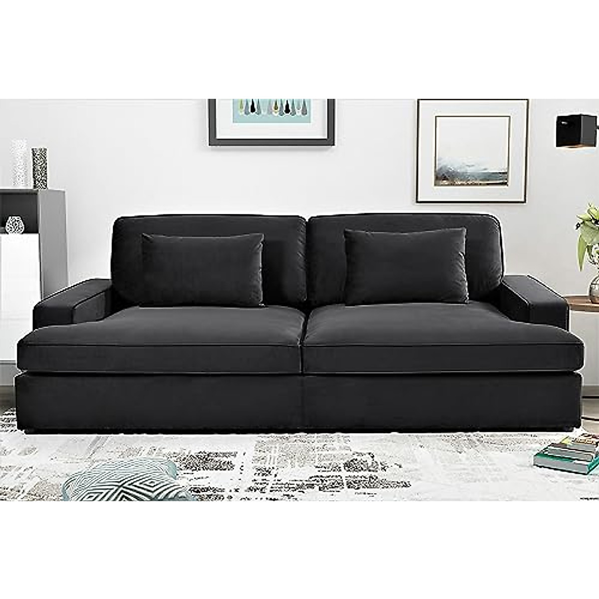 US Pride Furniture Sleek Velvet Sleeper Sofa Bed Couch with Luxurious Design, Stylish Focal Point for Elegant Living Spaces and Cozy Lounging with 2 Accent Pillows, Black