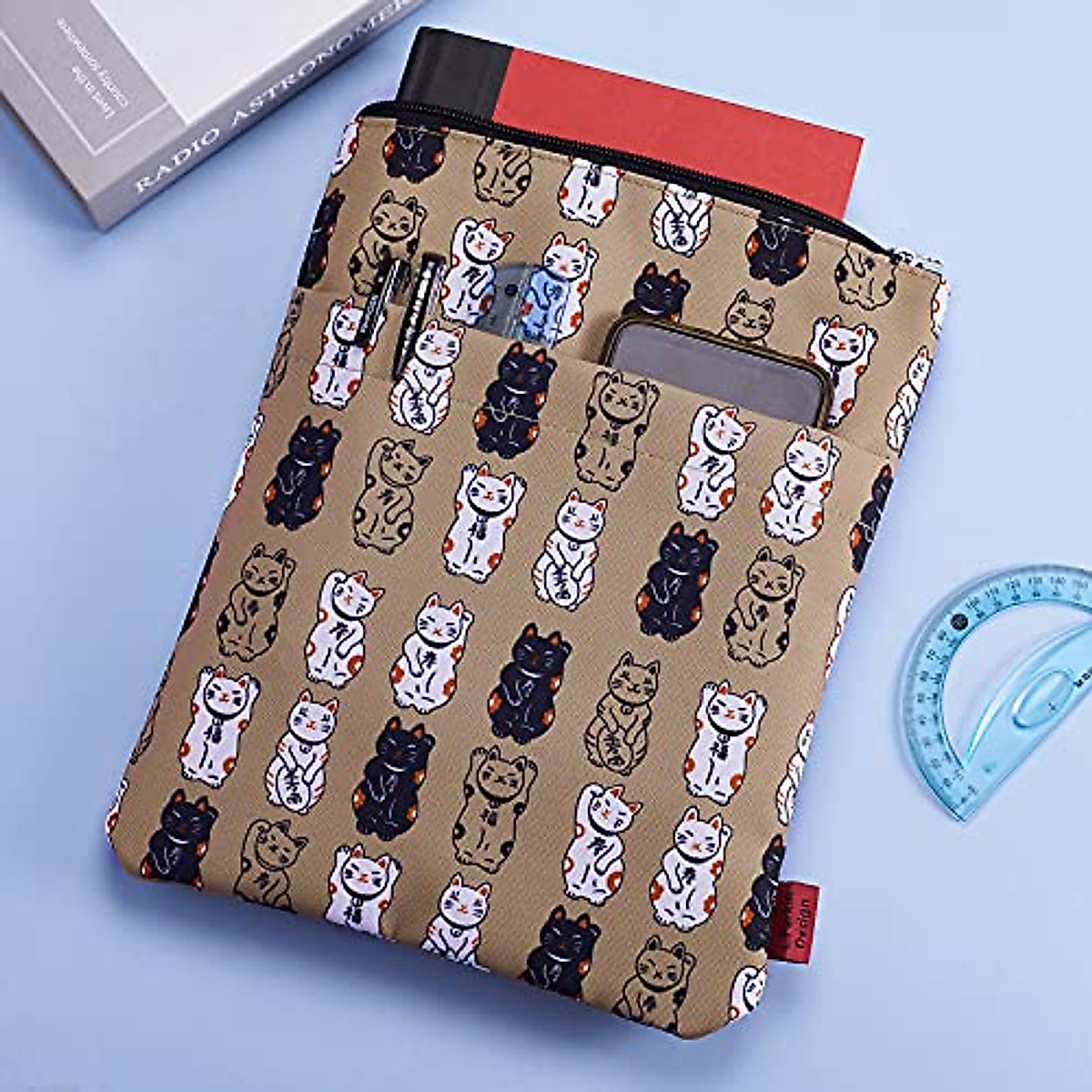 Lucky Japanese Cat Book Sleeve, Book Covers for Paperbacks, Washable Fabric, Book Sleeves with Zipper, Medium 11 Inch X 8.7 Inch Book Lover Gifts