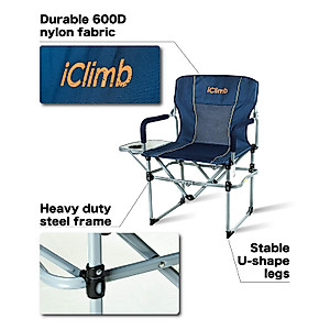 iClimb Heavy Duty Compact Camping Folding Mesh Chair with Side Table and Handle (Navy)