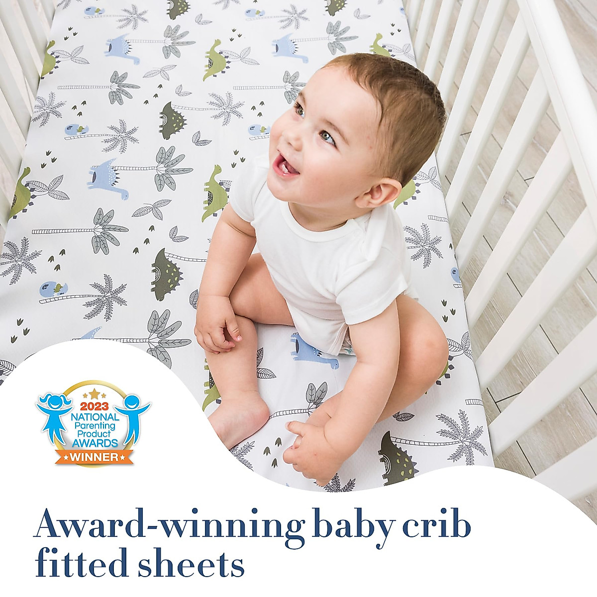 My Little Zone 100% Cotton Crib Fitted Sheets for Baby Boys and Girls, Dinosaur - Breathable Toddler Bed Sheet Set - Dino Safari, 28x52 with 8" Deep Pocket, Blue-White, 2 Pack