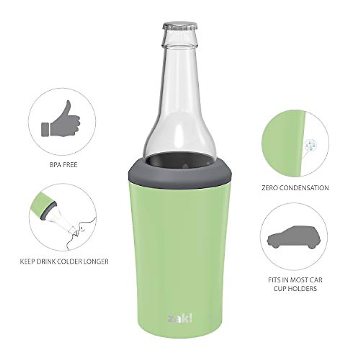 Zak Designs Durable 18/8 Stainless Steel with Vacuum Insulated Can and Bottle Cooler, Great for Cold Drinks Stay Cold in Pool and Party (12oz, Pistachio, BPA Free)