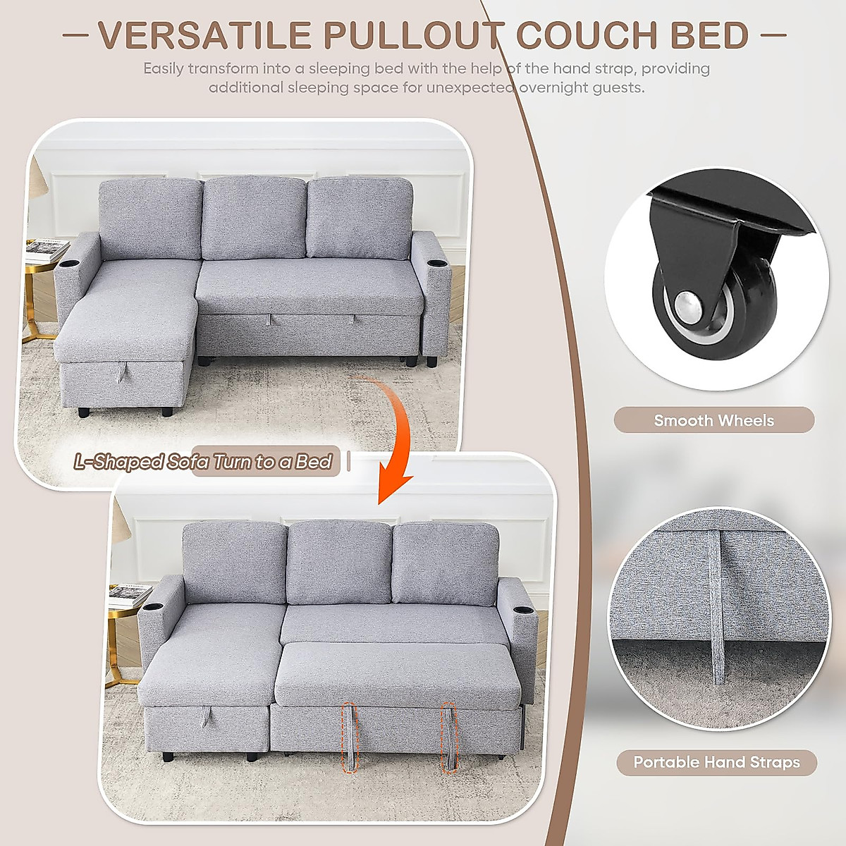 Antetek Reversible Sectional Sofa Couch with Pull-Out Bed, Modern Linen L-Shaped Sleeper Sofa Bed with Storage Chaise/Cup Holder/Side Pocket, Furniture Set for Living Room, Small Space, Light Grey