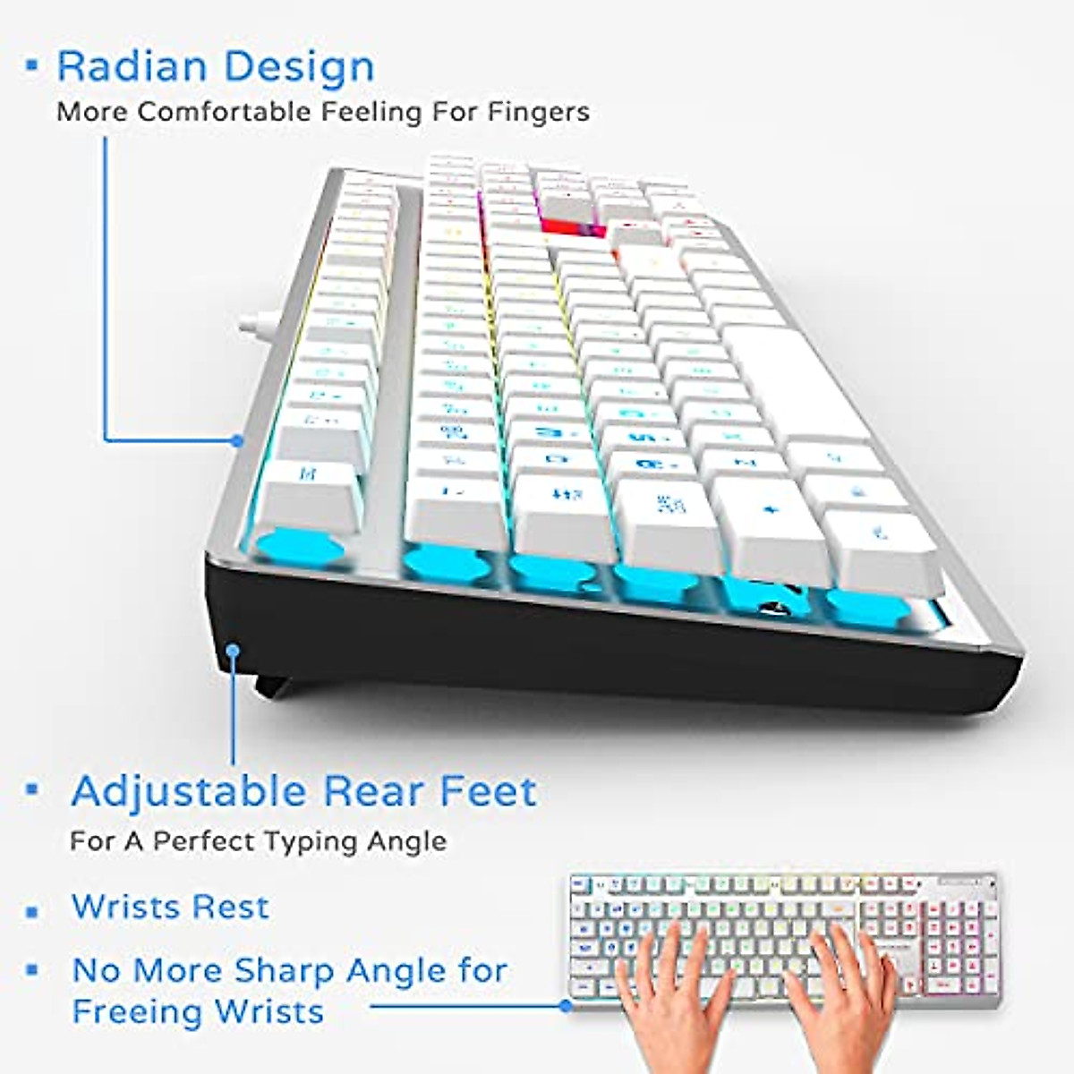 Lumsburry White Gaming Keyboard, Rainbow LED Backlit,19 Anti-ghosting Keys, USB Wired, Metal Panel, Ergonomic 104 Keys, Multimedia Control, Water-Resistant, Full Size, for Windows PC Mac Office Gamer