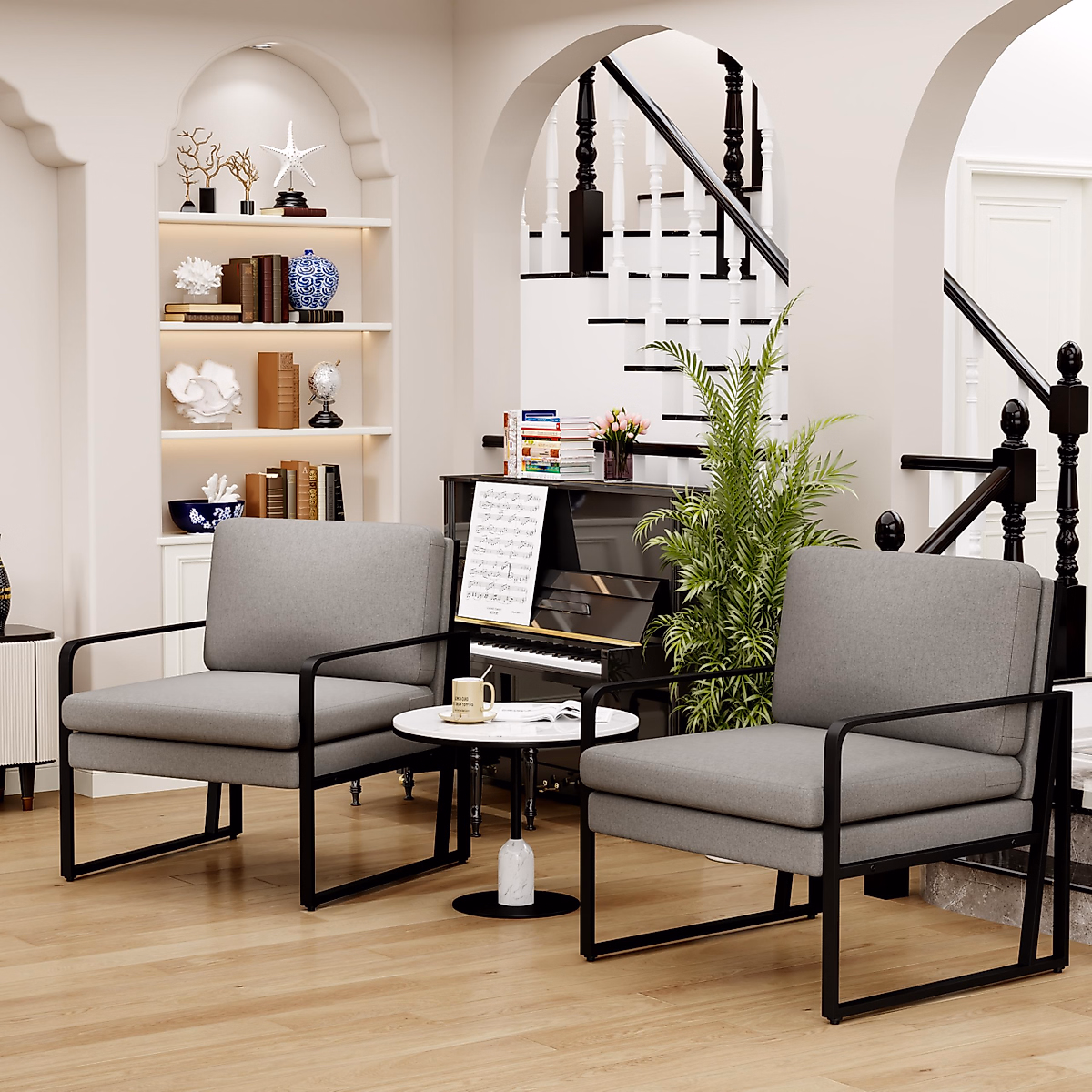 Andeworld Modern Accent Chair, Mid Century Living Room Armchair, Upholstered Linen Sofa Side Chair with Metal Legs for Reading,Lounging,Bedroom Apartment,Grey