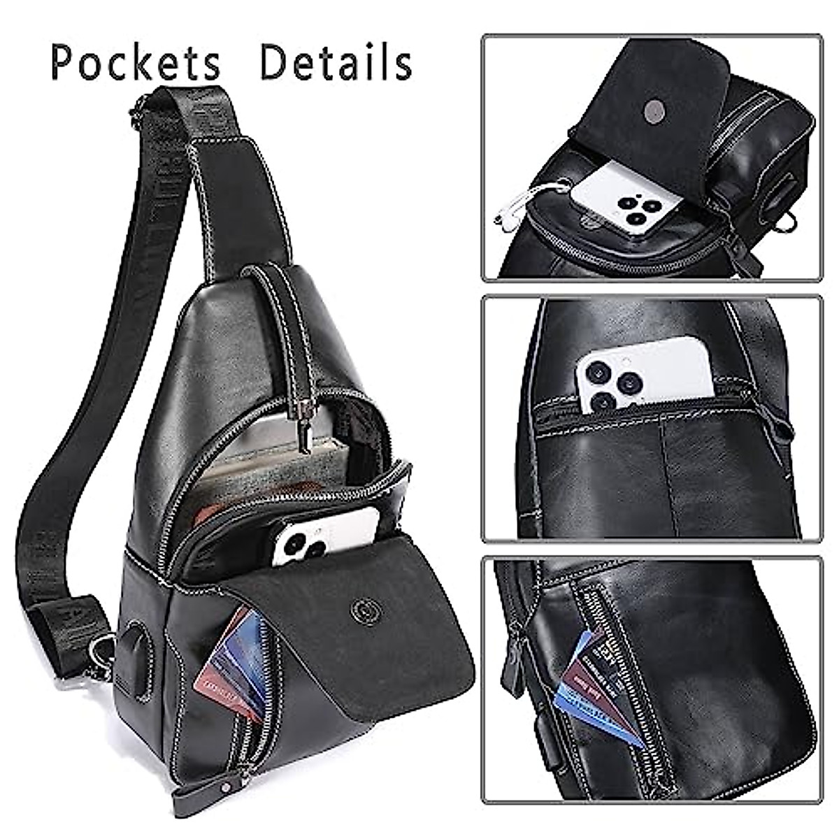 BULLCAPTAIN Genuine Leather Sling Bag Mens Crossbody Backpack for Hiking Casual Daypack Shoulder Chest Bag with USB Charging Port (Black)