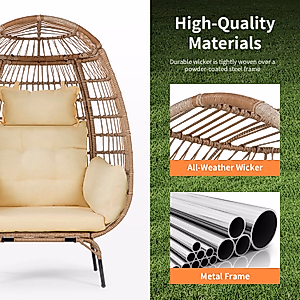 Egg Chair Egg Basket Lounge Chair Rattan Chair Steel Frame Oversized Indoor Outdoor Lounger Simple Installation with 4 Comfort Cushion and Stand,352lb Capacity for Patio Garden Living Room,White