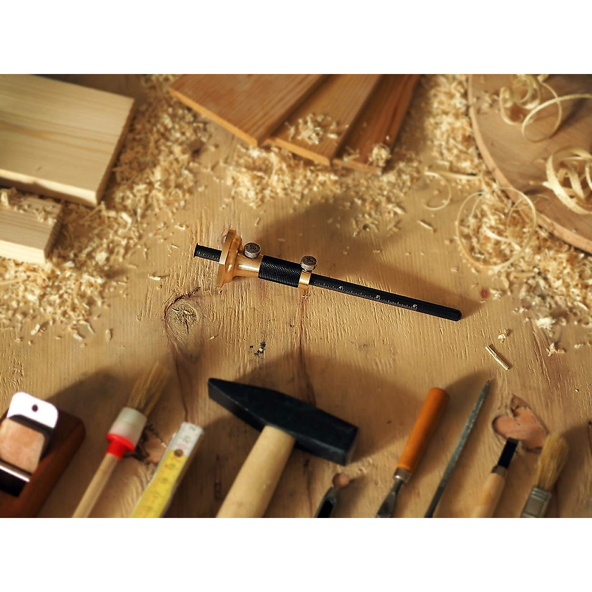 Wheel Marking Gauge Kit - 2 Extra Cutter Wheels, Roll Stop Head, Micro Adjuster, Metric Imperial Ruler, 7'' Brass Marker Tool for Woodwork