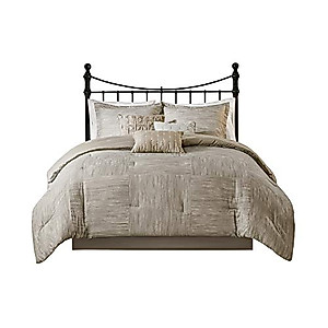 Madison Park Walter Comforter-Luxe Seersucker Print Design All Season Down Alternative Bedding, Matching Shams, Bedskirt, Decorative Pillows, Queen (90 in x 90 in), Taupe