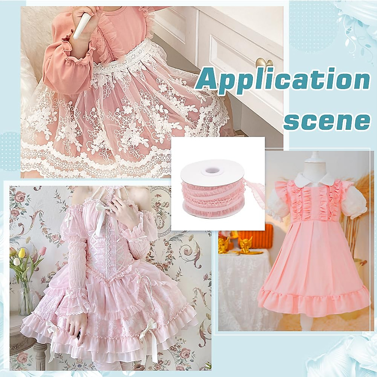 FINGERINSPIRE 10 Yards Double Ruffle Lace Trim Pink 3/4 inch Wide Ruffle Stretch Elastic Edging Trim Pleated Fabric Lace Ribbon for DIY Dress Headwear Decoration and Gift Wrapping