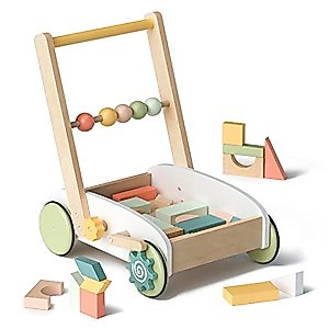 ROBOTIME Wooden Baby Push Walker Toy with Blocks,Baby Learning Walker Toddler Push Toys for 1 2 3 Yr Old, Toddler Activity Walker for Small Girls Boys 10 Month +