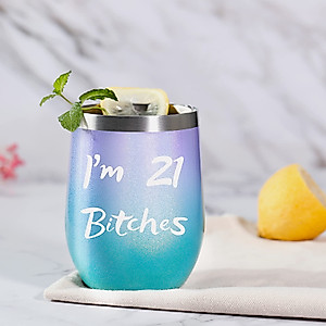 KFK 21st Birthday Gifts for Her,Funny 21 Year Old Birthday Gifts, 21st Birthday Wine Tumbler with Keychain, 21st Birthday Decorations for Women, Sister, Friends-(Glitter Peacock)