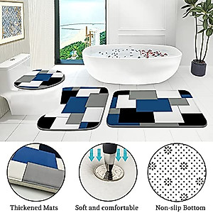 ENYORSEL Blue Bathroom Sets with Shower Curtain and Rugs, 4 Piece Geometric Bathroom Shower Curtain Set with Rugs, Incl Shower Curtain with 12 Hooks, Bath Mat, U-Shaped Floor Mat, Toilet Lid Oval Rug