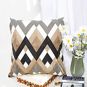 Oneslong Decorative Throw Pillow Covers for Couch Living Room 18x18 inches Set of 2 Full Embroidery Geometric Strip Pattern on Face