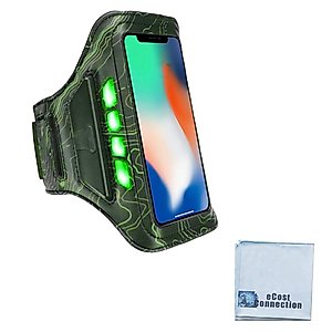 Bright LED Rechargeable Sports/Cross-fit Arm Band (Green) fits iPhone 13 12 11 Pro Max Xs Max Xs X 8+ 8 7 Plus Pixel 2 Galaxy S9 S8 Note 9 + eCostConnection Microfiber Cloth