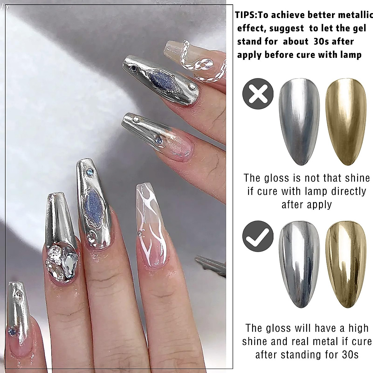 NewBang 2x12ml Metallic Painting Nail Gel Liner Polish, 3D Metal Mirror Effect Painted Drawing Nail Gel with Build in Thin Brush Glossy Chrome Gel Soak Off UV/LED Nail Art Manicure Set #Silver&Gold