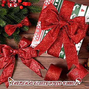 Yinder 4 Roll 40 Yards Christmas Metallic Wired Ribbon - Thick, Glitter, Tree & Gift Wrapping Ribbon for DIY Crafts & Xmas Party Decorations (Red, 2.5 Inch)