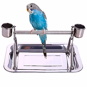 Litewood Bird Perch Stand Stainless Steel Table Rack with Feeder Cups Tray for Budgie Parakeet Cockatiel Conure Finch