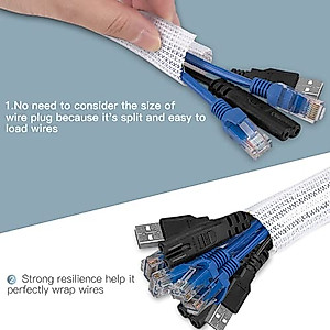 White Cable Sleeve Cover, 10ft - 1.5inch, AGPTEK Cord Management System for Desk PC TV Computer Projector Wires Protection and Organization, Home, Theater and Office, White
