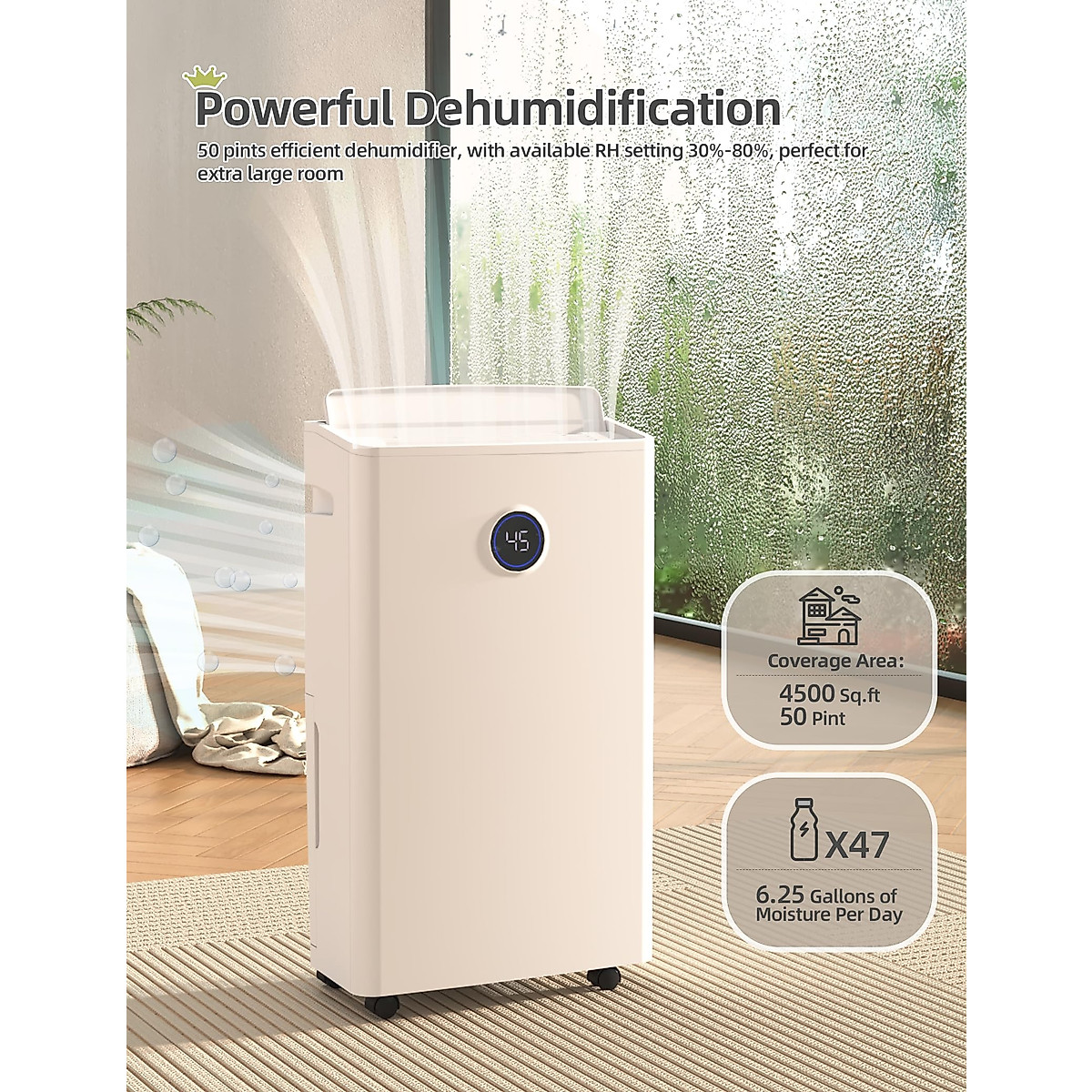 4500 Sq. Ft Dehumidifier for Basement, 50 Pints Large Dehumidifiers for Home with drain hose and 5L Water Tank, Powerful Moisture Removal for Whole House, Large Room, and Intelligent Humidity Control