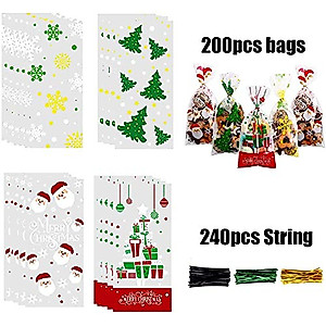 LOKIPA 200 Pcs Christmas Cellophane Treat Bags, Xmas Clear Cello Gift Bags Candy Goodies Bags with Twist Ties for Christmas Party Supplies