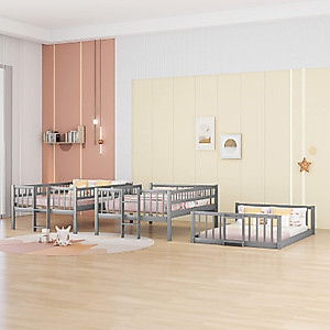 Triple Bunk Bed with Slide, Full Over Full Over Full Bunk Bed Convertible Triple Beds for Kids/Teens/Adults, Gray