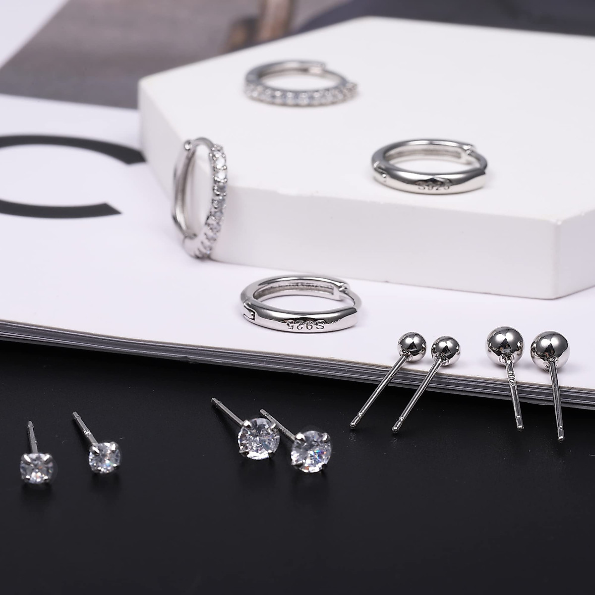 Sterling Silver Stud Earrings Set for Women Hypoallergenic White Gold Plated Silver CZ Ball Stud Earrings and Hoops Studs Cartilage Earing for Women （6 Pairs）