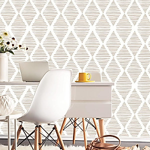 Yun-aeon 17.7" X 120" White and Beige Stripe Peel and Stick Wallpaper Modern Diamond Contact Paper Geometric Removable Wallpaper Self Adhesive Wall Paper for Bedroom Drawers Cabinets Decor Vinyl