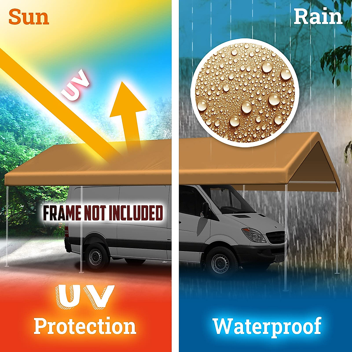 YardGrow 12x20ft Carport Canopy Replacement Cover Garage Tent Tarp Waterproof & UV Protected with Bungees, Frame Not Included (Tan)