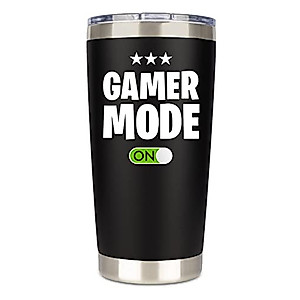 Gamer Gifts for Men - Gamer Mode ON - Stainless Steel Tumbler for Coffee/Cold Drinks w Lid and 2 Straws | Gift Idea Gamer Cup For Valentines Day Fathers Day - Video Gamer Mug Boys (20 Ounce Black)